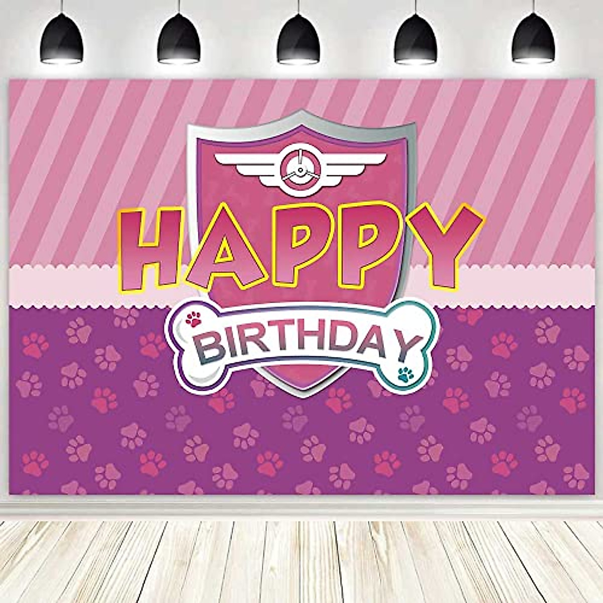 7x5ft Pink Skye Dog Patrol Birthday Backdrop Paw Print Happy Birthday Banner Decorations Background for Girls Puppy Dog Birthday Party Supplies