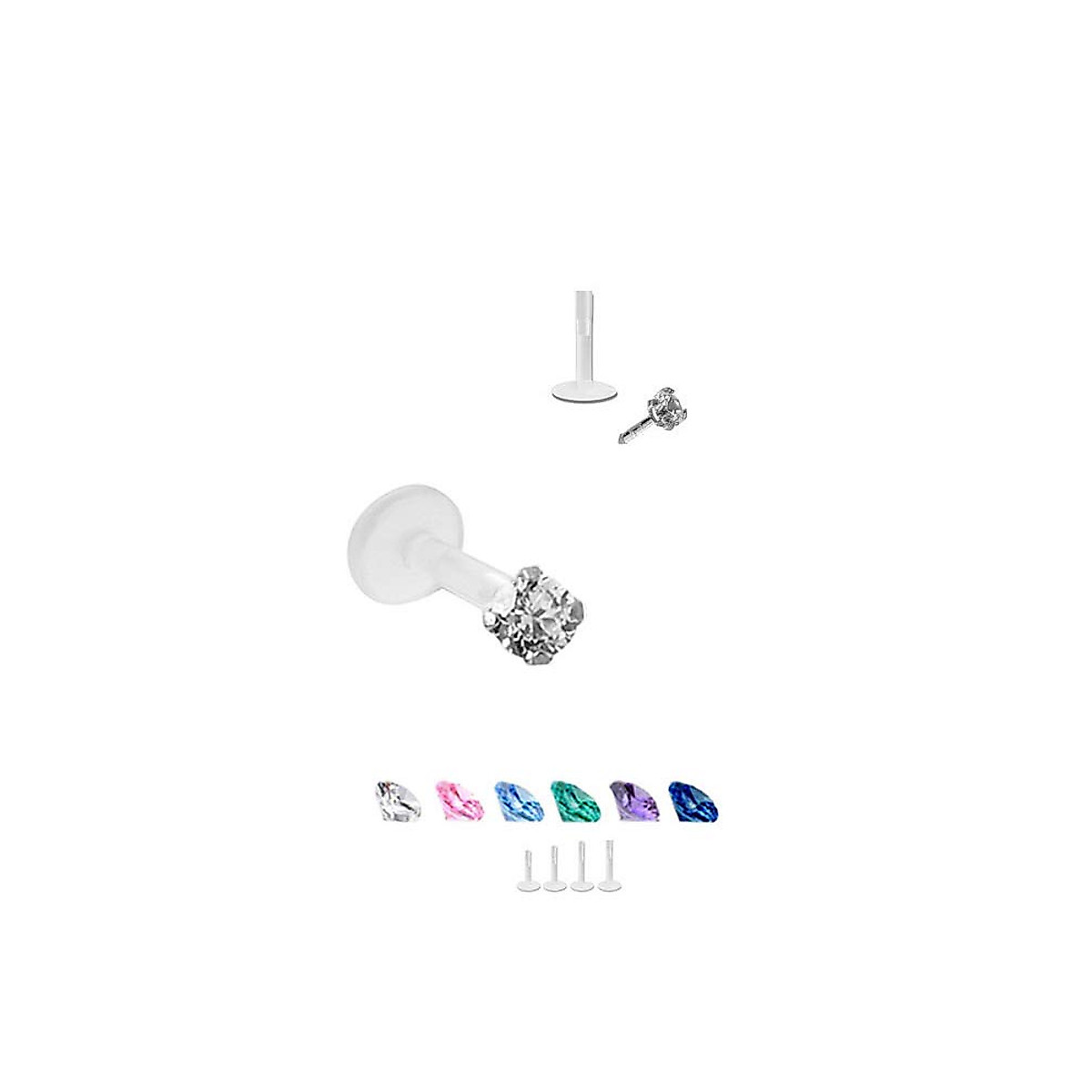 925 Sterling Silver Labret Nose Ring Stud Bioflex Post 1/4" 6mm Post 2.5mm Aqua CZ 18G