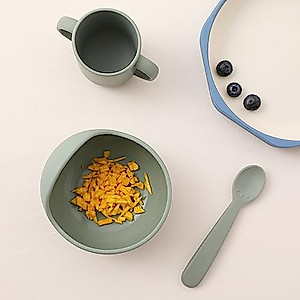 ROCCED Baby Silicone Bowls with Suction Toddler Bowls and Spoons Set Training Cups for Baby Silicone Baby Feeding Set Baby Cups with 2 Handles Silicone-Sage