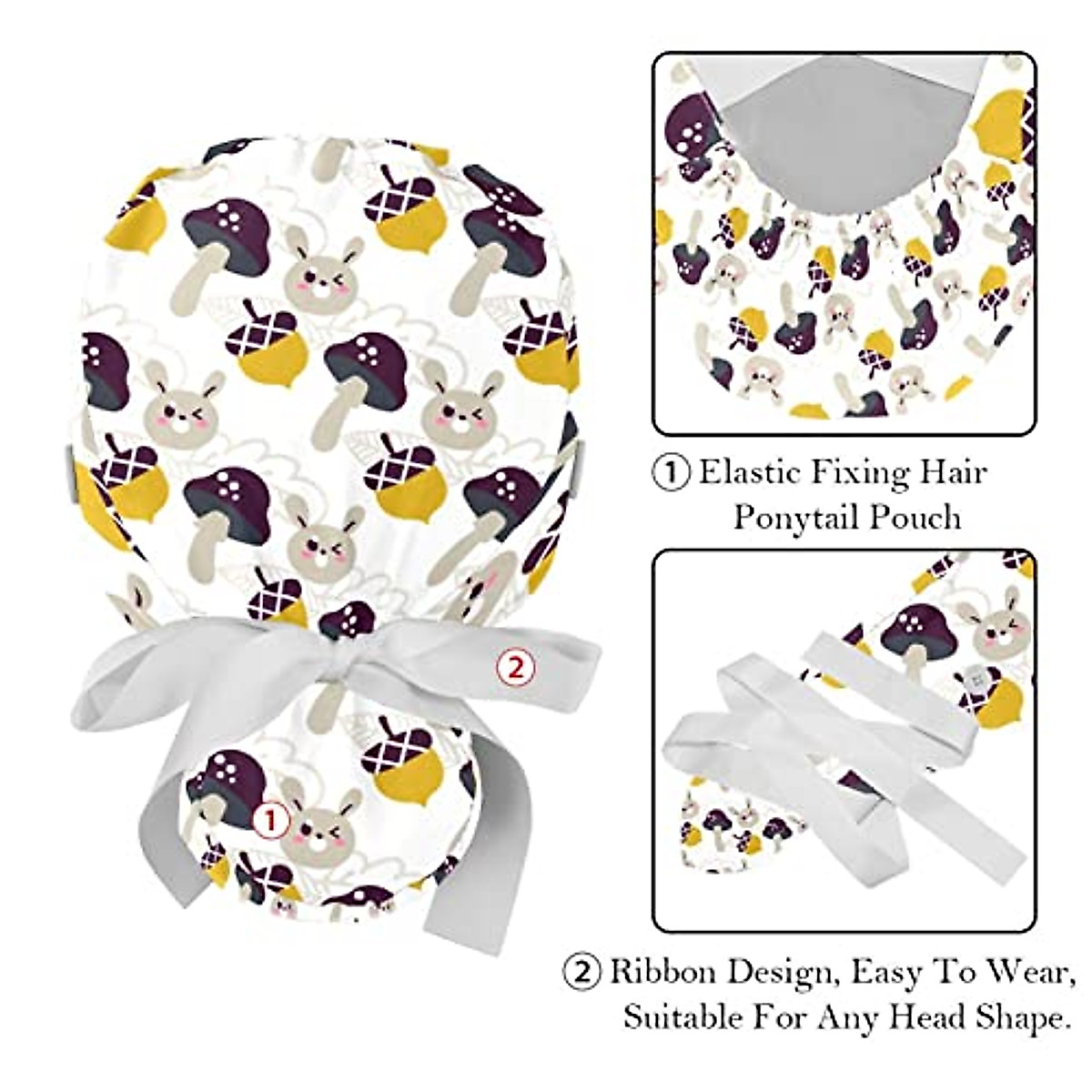 Working Cap with Button for Women 2 Packs, Sweatband Bouffant Scrub Hats, Adjustable Unisex Tie Back Ponytail Hats Hand Drawn Monkey Bunny Acorn & Mashroon