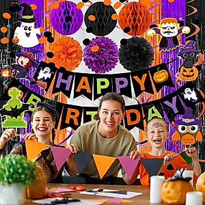 Halloween theme Birthday Party Decorations,Happy Birthday Decorations with Paper Triangle Flag,Hanging Swirl Streamers,Honeycomb Ball,Tissue Paper Pom,Circle Dots Garland, Fringe Curtains (birthday)