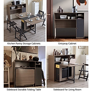 FUNROLUX Folding Dining Table and Sideboard Cabinet and Folding Dining Chairs 2 Pack, Movable Kitchen Table and Buffet Cabinet with Storage Space (Grey)