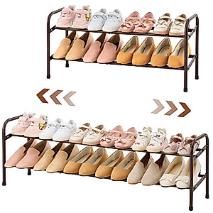Gewudraw 2-Tier Shoe Rack Expandable, Width Adjustable Shoe Shelf Storage Organizer, 41.53'' Metal Standing Shoe Rack for Bedroom Entryway Closet, Holds up to 12 Pairs Shoes, Brown