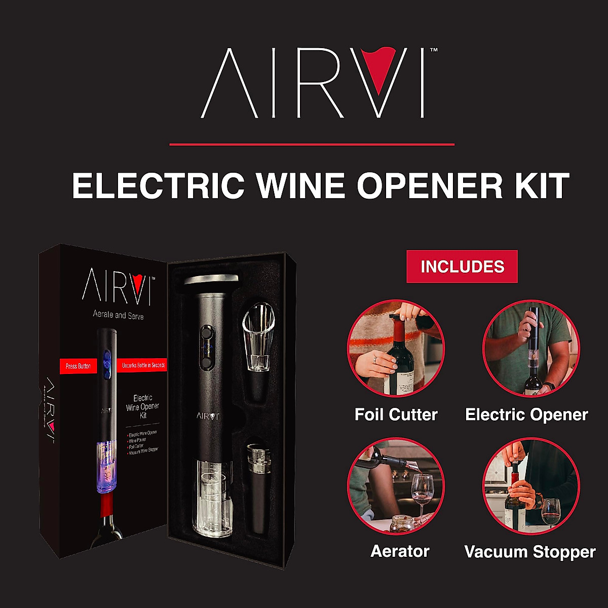 AirVi Electric Wine Opener Kit: Ultimate Wine Companion with Wine Opener, Wine Stopper, Wine Aerator, and Foil Cutter, Enhance Flavor and Maintain Freshness, Ideal Kitchen Gadgets, Four Pieces