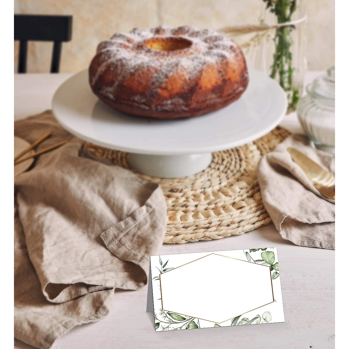 Gold Foil Greenery Table Place Card, 25 Pcs Tent Style Cards Set with Green Eucalyptus, Editable Name Cards for Table Seating, Food Lables for Birthday Party, Baby Shower, Wedding, Bridal Shower(12)