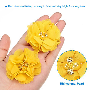 PATIKIL 2" Chiffon Flowers, 10Pcs Fabric Flowers Sewing Appliques Embellishments with Rhinestone Pearl for DIY Crafts Wedding Headbands Party Decoration, Yellow