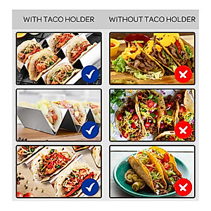 Stainless Steel Taco Stand Holder With Bamboo Tray - Set of 2 - Taco Tuesday With Four Sauce Holders and Four Spoons - Holds Up to 4-6 tacos - Stainless Steel Racks With Handles Oven & Grill Safe