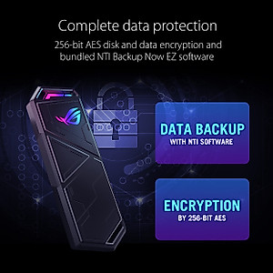 ROG Strix Arion S500 Portable SSD - USB-C 3.2 Gen 2, NVMe SSD with DRAM, up to 1050 MB/s transfers, 256-bit AES Disk, 500 GB Capacity, NTI Backup Now EZ Software, Aura Sync