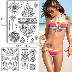 glaryyears 8 Sheets Mandara Chests Tattoos for Women, Black Flower Leaf Lion Wolf Dreamcatcher Designs Underboob Temporary Tattoo Stickers on Chest Waist Waterproof Body Art Large Size