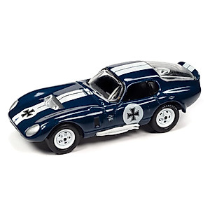 Shelby Cobra Daytona Klutzmobile Blue Metallic with White Stripes The Monkees with Collectible Tin Display Silver Screen Machines Series 1/64 Diecast Model Car by Johnny Lightning JLDR018-JLSP334
