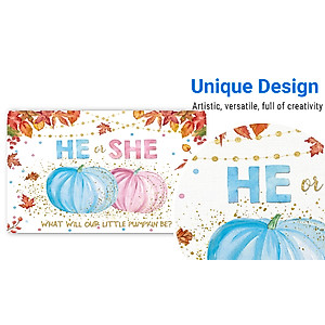 Funnytree Little Pumpkin Gender Reveal Backdrop He or She Fall Pink or Blue Boy or Girl Baby Shower Party Banner Autumn Maple Leaves Background Decor Supplies Photobooth Prop Favors Gift