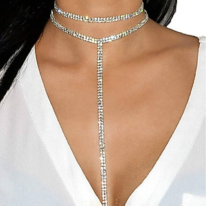 Joygulls Sexy Multilayered Long Choker Necklaces Double Layer Crystal Full Rhinestone Choker Necklace Pendant Statement Necklaces Luxury Jewelry for Women Nightclub Party(Silver)