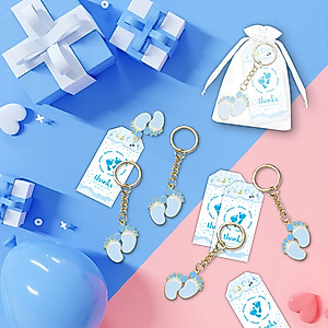 BUYWUMORE 12 Sets Baby Shower Favors for Boy Blue Footprint Keychain Gifts with White Organza Bags and Thank You Tags for Oh Baby It's a Boy Baby Shower Party Decorations Supplies(Boy)