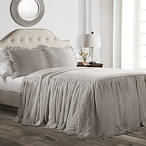 Lush Decor Ruffle Skirt Bedspread Set - 3 Piece Luxurious Farmhouse Bedding Set - Elegant, Charming Ruffle Detail - Timeless Style & Classic Design - Soft and Lightweight - Queen, Gray