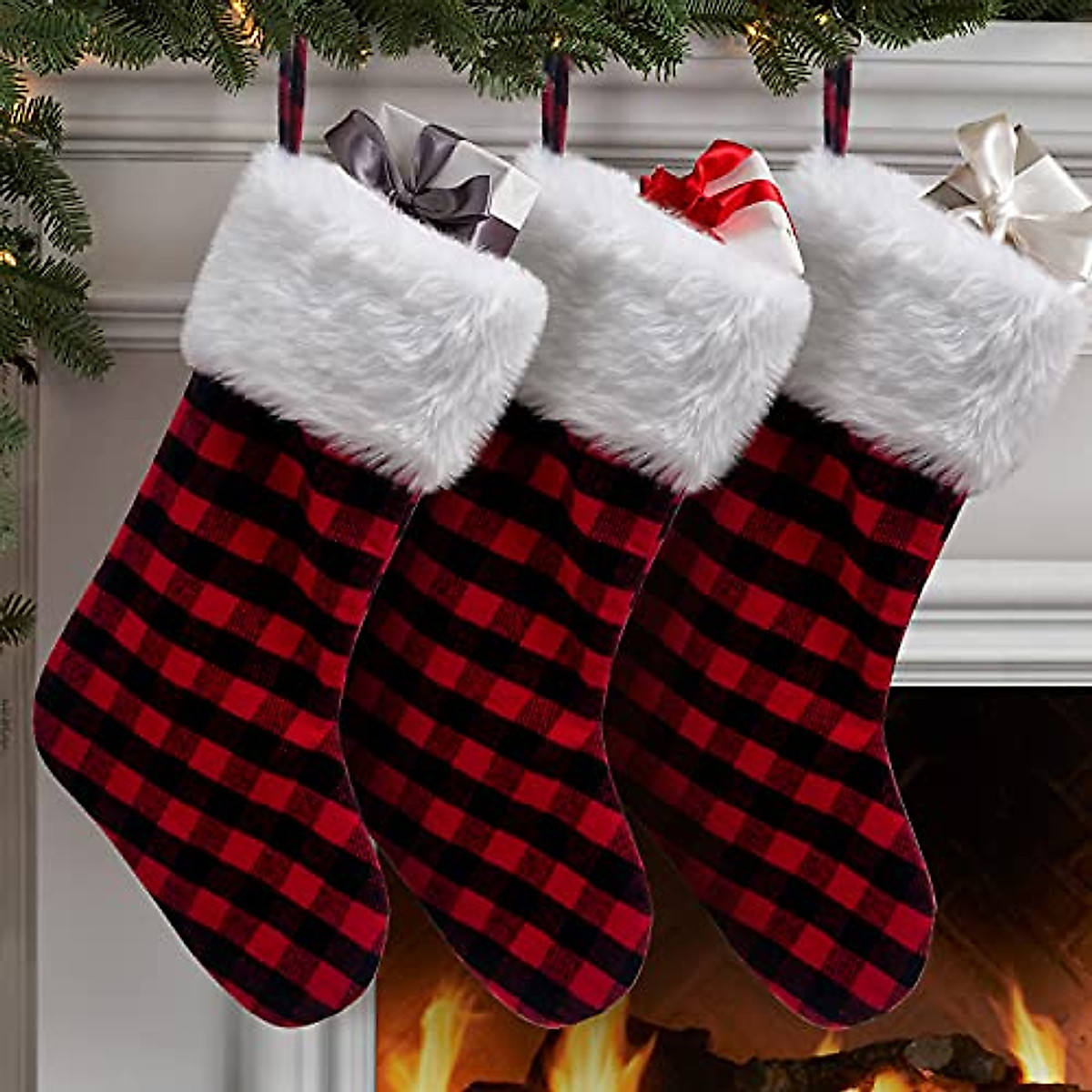 EPHVODI 2 Pack Christmas Stockings, 18" Red Black Buffalo Plaid with Plush Faux Fur Cuff, Classic Large Christmas Stockings Decorations for Family Christmas Holiday Party Decor