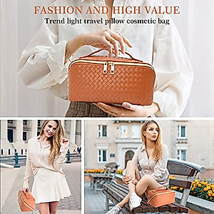 ZAUKNYA Large Capacity Travel Cosmetic Bag - Makeup Bag, Portable Leather Waterproof Women Organizer, with Handle and Divider Flat Lay Bags (Brown)