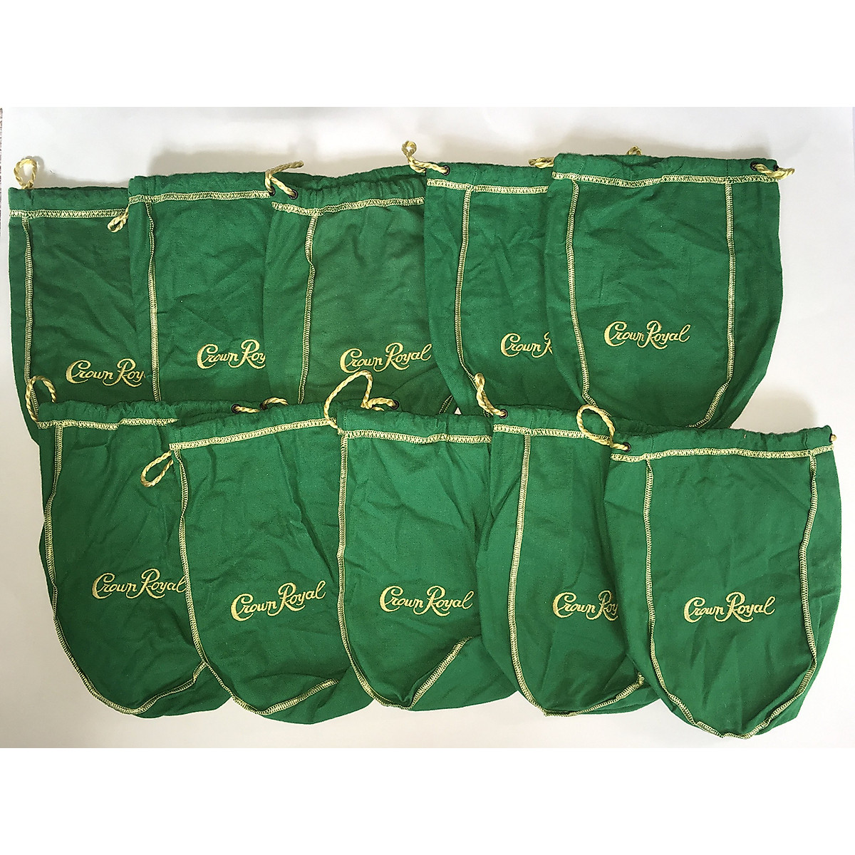 Pack of 10 Green Crown Royal Bags w/Gold Drawstrings from 1 Liter Bottles (9 inch x 5.5 inch) for Gift Bags, Carrying Card Games or Dice Bulk Fabric for quilting sewing or crafts (10)
