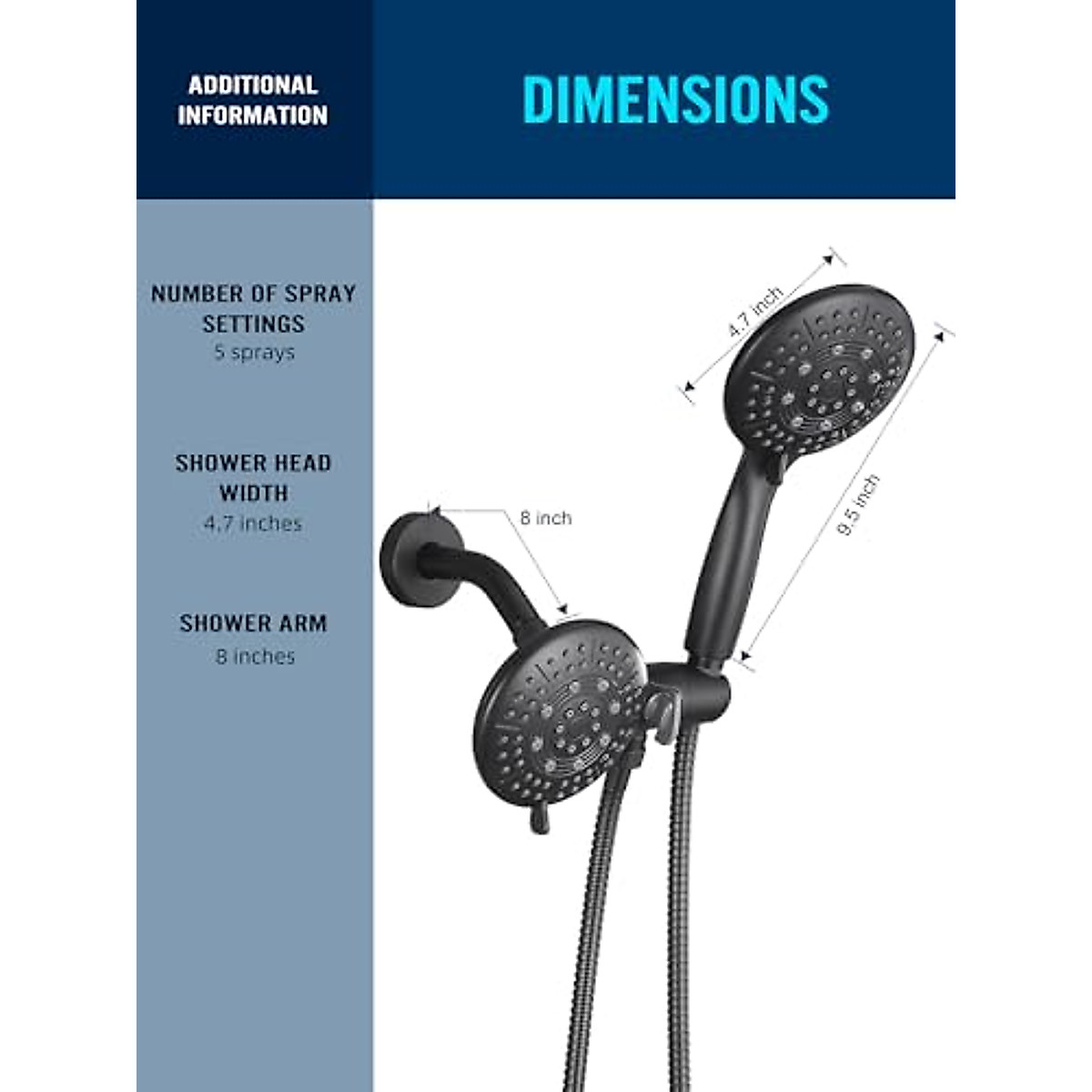 Cobbe 48-Setting High Pressure 3-Way Shower Head Combo, Hand Held Shower & Rain Shower Separately or Together, 4.7" Dual 2 in 1 Showerhead with Stainless Steel Hose - Matte Black