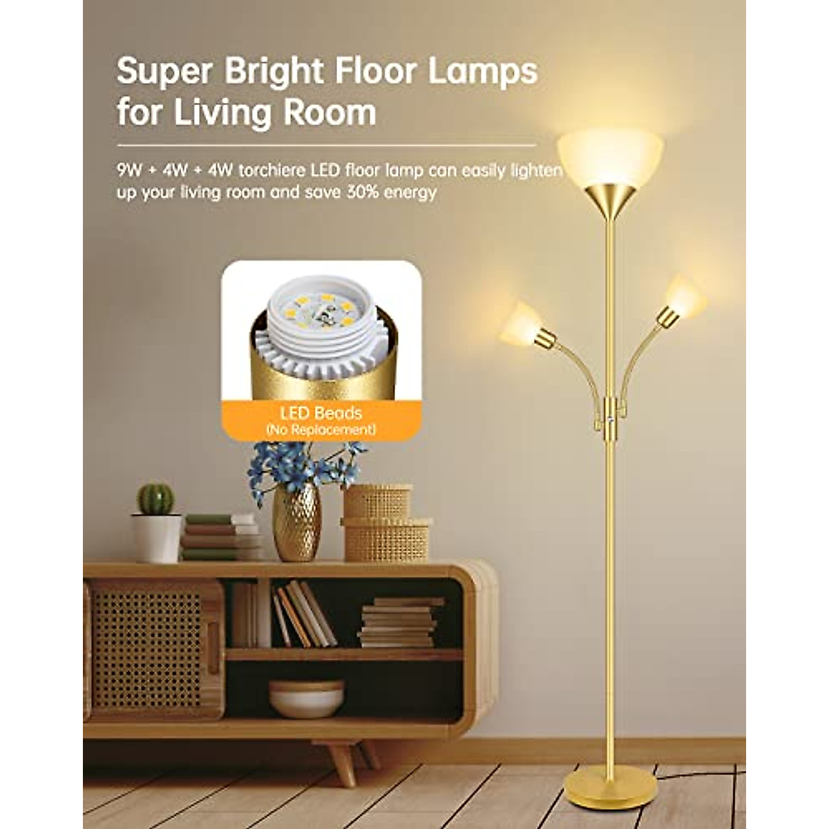 Gold Floor Lamps for Living Room, Bright Standing Lamp, 70.5" Tall Pole Lamp with 3 Lights, Modern Torchiere Tree Floor Lamp, Rotate Switch, 2700K LED Beads, 50,000hrs Lifespan,Corner Lamp for Bedroom
