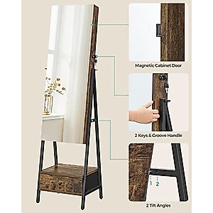 SONGMICS LED Cabinet Standing, Lockable Jewelry Armoire with Full-Length Mirror, Space-Saving Jewelry Organizer with Mirror, Bottom Drawer and Shelf, Gift Idea, Rustic Brown UJJC025X01