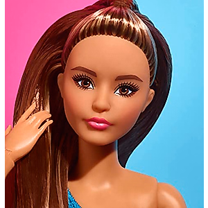 Barbie Looks Doll with Brown Hair Dressed in One-Shoulder Pink and Blue Midi Dress, Posable Made to Move Body Small