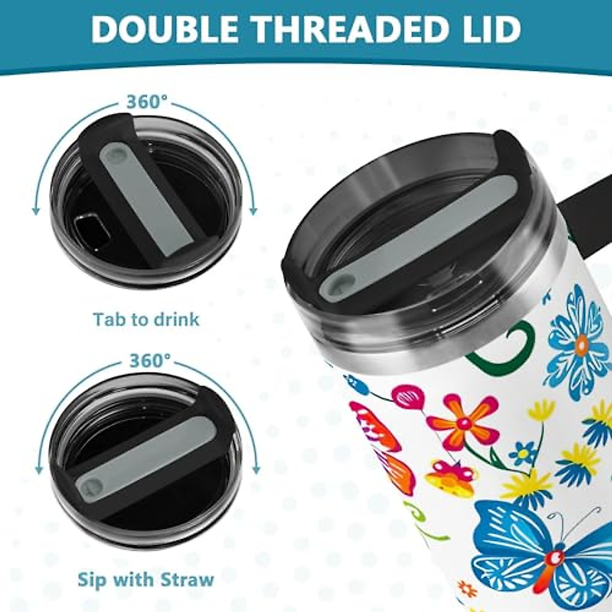 FRCSDIY Beautiful Butterfly Insulated Tumbler with Handle and Straw Lid,40oz Leakproof Stainless Steel Cup BPA-Free Water Bottle