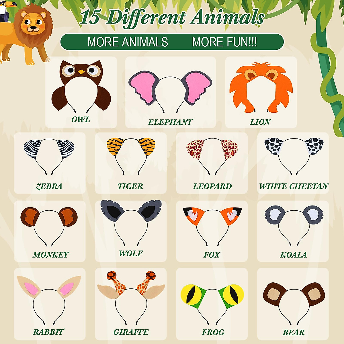 30 Pcs Animal Ears Headband for Kids Jungle Woodland Safari Zoo Headbands Birthday Halloween Party Favors (Animals)