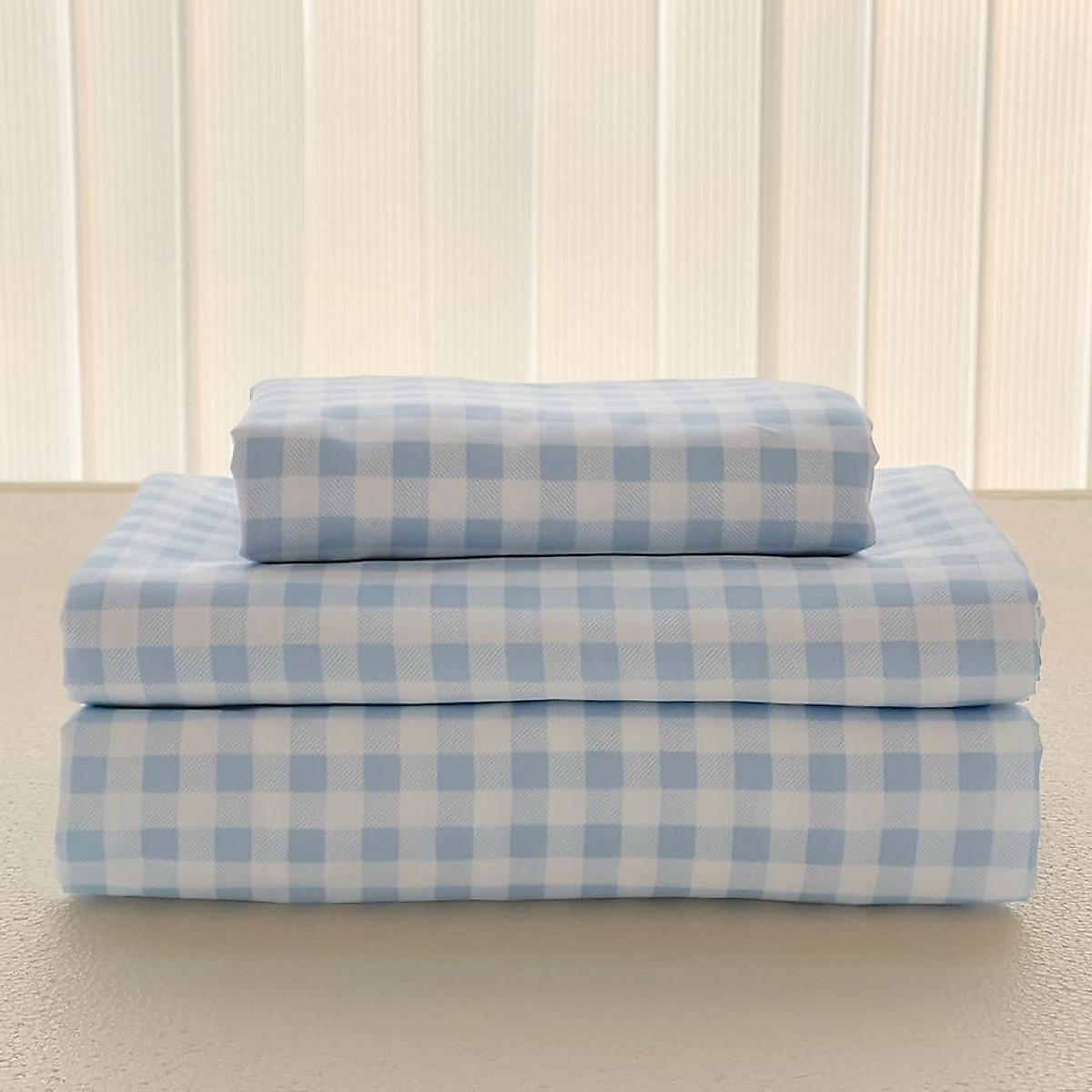 NSNLGSGC Light Blue Gingham Twin Kids Sheet Set, Soft Brushed Microfiber Baby Blue Plaid Twin Bed Sheets, 3-Pieces Sheet Set with Deep Pocket