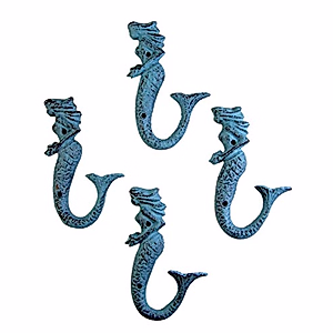 Aqua Blue Cast Iron Mermaid Wall Hook 5 3/4 Inch (Set of 4)