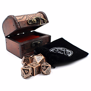 Metal Dice Set with Bronze Border and Storage Chest for Tabletop Games