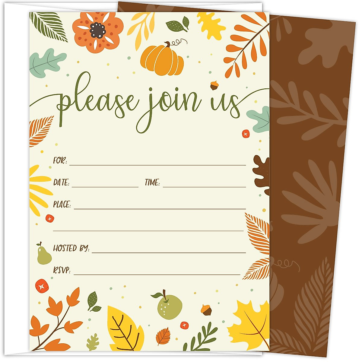 Koko Paper Co Fall Invitations in Autumn Colors with Pumpkin, Fruits and Florals. 25 Fill In Style Cards and Envelopes for Thanksgiving, Harvest Party, Birthday, Engagement, Bridal and Baby Shower, or