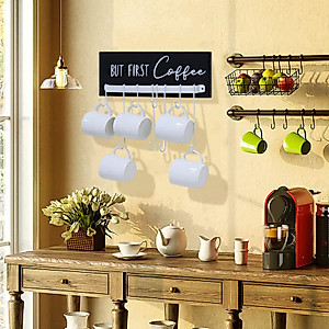 GENMOUS Rustic Coffee Mug Holder Wall Mounted for Mug Rack Organizer, Farmhouse Wood Coffee Cup Holder Tea Mug Rack Wood Storage Display Organizer Hanger for Home Kitchen Coffee Bar Wall Decor Black