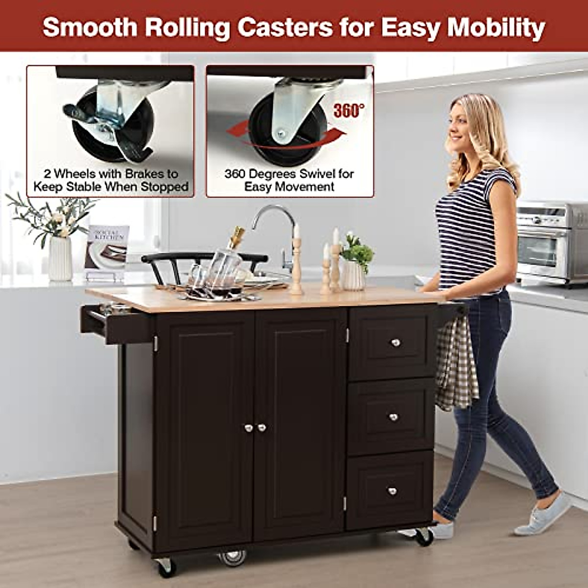 GOFLAME Kitchen Island Cart with Drop Leaf, Rolling Kitchen Cart on Wheels with Rubber Wood Top, 3 Drawers, Towel & Spice Rack, 2-Door Cabinet, Serving Trolley Cart for Kitchen Dining Room (Brown)