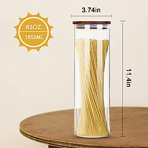 Vensp Tall Borosilicate Glass Food Storage Jar for Spaghetti,Spaghetti Container(63 Floz), Noodle Holder Storage Sealed Container with Wooden Lid,Airtight Clear Glass Kitchen Canister Wood Lid
