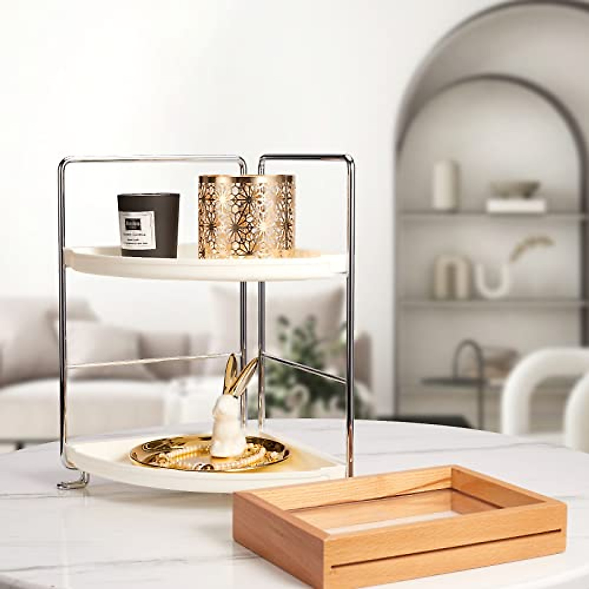 2 Tier Bathroom Organizer Countertop, Vanity Tray Cosmetic & Makeup Counter Storage Shelf Kitchen Spice Rack, White and Silver