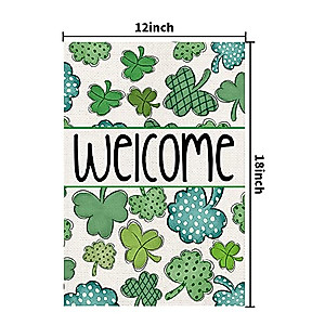 Welcome Spring St Patricks Day Garden Flags 12x18 Double Sided Burlap, Green Shamrock Lucky Sign Farmhouse Small Yard Outdoor Decorations DF197