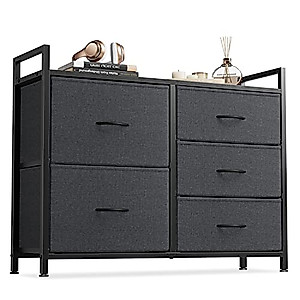 Cubiker Dresser Storage Organizer, 5 Drawer Dresser Tower Unit for Bedroom Hallway Entryway Closets, Small Dresser Clothes Storage with Sturdy Steel Frame Wood Top, Black Grey
