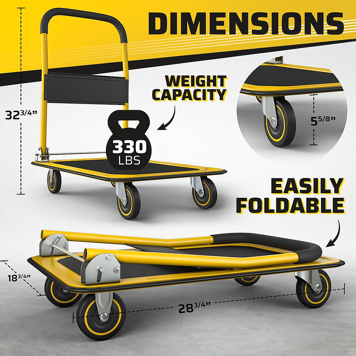 Upgraded Foldable Push Cart Dolly | 330 lbs. Capacity Moving Platform Hand Truck | Heavy Duty Space Saving Collapsible | Swivel Push Handle Flat Bed Wagon - Yellow