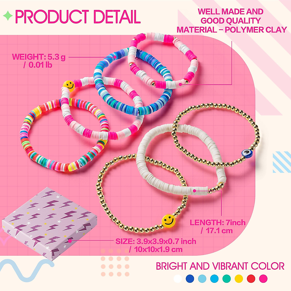 Y1tvei 7Pcs Heishi Surfer Bracelets Set Colorful Preppy Smile Evil Eye Beaded Stretch Bracelets Clay Stackable Boho Disc Bracelets Y2K Aesthetic Summer Beach Jewelry for Women