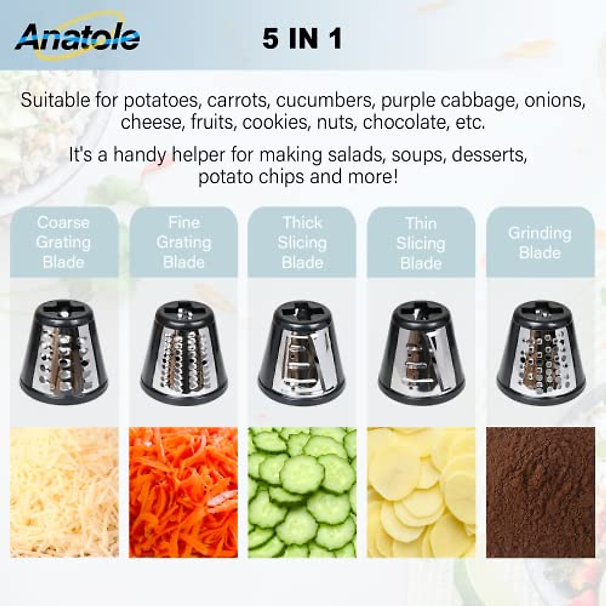 Anatole Electric Cheese Grater Shredder 250W Stainless Steel Automatic Vegetable Chopper Slicer Professional Salad Maker Food Processor Machine with 5 Blades for Home Kitchen BPA-Free 110V US-Plug