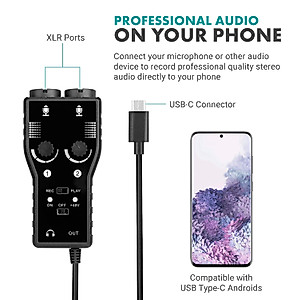 Movo Smartphone Podcast Recording Bundle Kit - 2 Pack Condenser Microphones, 2 Desktop Mic Stands, 2 Pop Filters, 2-Channel XLR Interface w/USB Type-C Output - Compatible with Android, Samsung Galaxy
