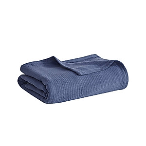 Madison Park Freshspun Basketweave Luxury Cotton Blanket Navy 90x90 Full/Queen Size Basketweave Premium Soft Cozy 100% Cotton For Bed, Couch or Sofa
