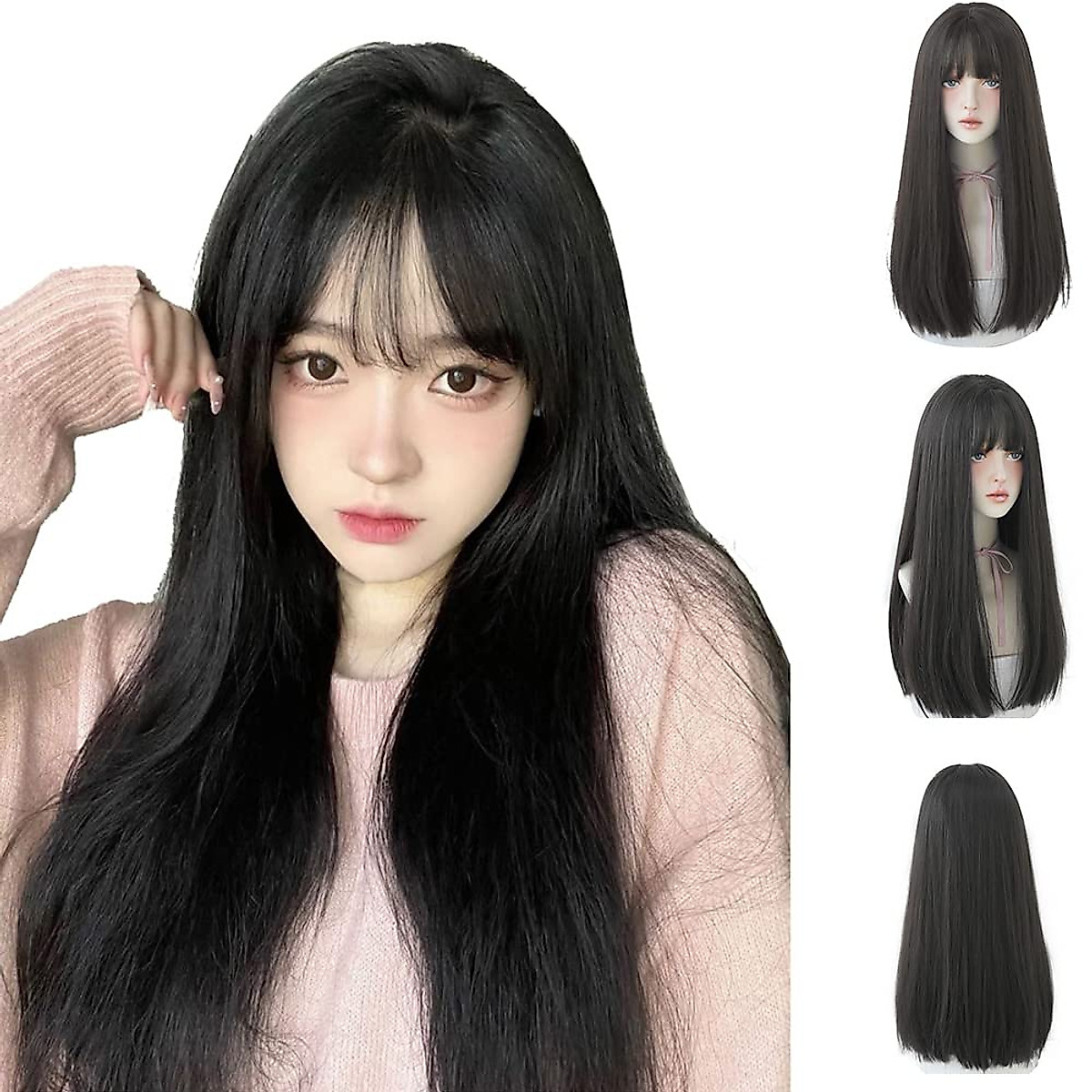 URCGTSA 22 Inches long Hair Wig for Women Black Synthetic Hair Natural Long Straight Wig With Bangs Party Cosplay Wig for Girl (Black brown)