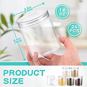 Irenare 24 Pcs 16 oz Clear Plastic Jars with Ribbed Lids Wide Mouth Food Plastic Mason Jars 16 oz Airtight Paint Storage Containers for Dried Fruit, Honey, Nuts, Kitchen Household (Clear Lids)