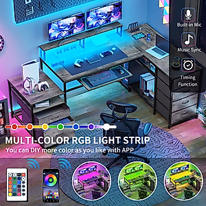 YITAHOME L Shaped Desk with Drawers, 71" L Shaped Computer Desk with Power Outlet & LED Lights, Corner Office Desk with Storage Shelves & Printer Stand, Gaming Desk with Monitor Shelf, Grey