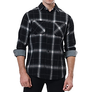 Ezmine Men’s Flannel Shirts Long Sleeve Casual Button Down Flannel Plaid Shirts for Men Camp Hiking Black