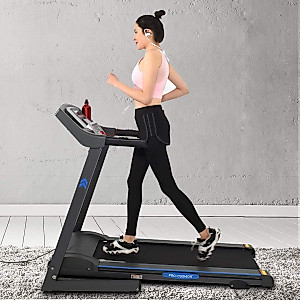 GYMAX Folding Treadmill, Electric Motorized Running Walking Machine with Heart Rate Sensor & LED Touch Display, 2.25HP Silent Treadmill for Home/Gym (Black+Blue)