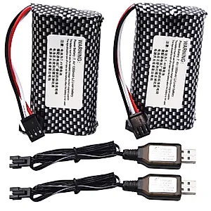 Blomiky 2 Pack 7.4V 1300mAh Li-ion Rechargeable Battery with SM3P Plug and Charger Cable Replacment for Huina 1575 RC Construction Truck / 1575 Battery 2