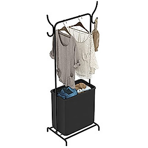 Waktavel Laundry Cart with Hanging Rack, Freestanding Laundry Hamper with Clothing Rack, Laundry Sorter with Hanging Bar and 2 Side Hook for Living Room Bedroom Entrance