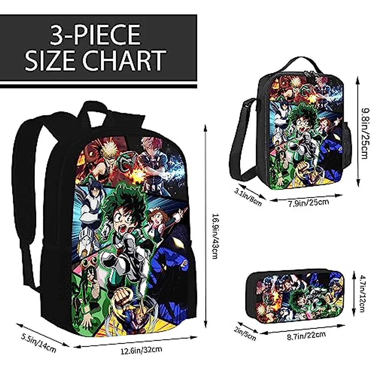 mfiwena Japanese Anime Backpack Set for Boy Girl, Polyester Bookbag set with Lunch Bag Multifunction 3-in-1 Bag for Teen